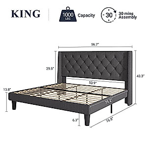 Allewie King Size Upholstered Platform Bed Frame with Wingback and Button Tufted Headboard for Reading, Strong Wood Slat Support, Modern Design, Easy Assembly, Dark Grey