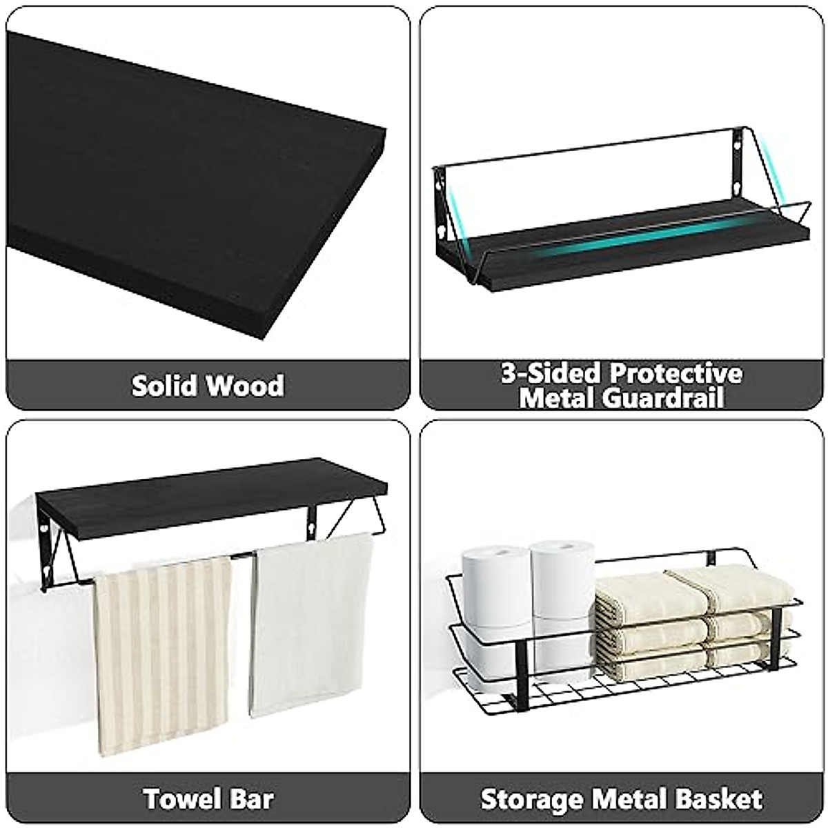 Love-KANKEI Floating Shelves Wall Mounted, Wood Wall Shelves with Storage Wire Basket, Bathroom Shelf Over Toilet eith Towel Bar,Hanging Shelves for Beadroom Living Room Kitchen, Set of 3, Black