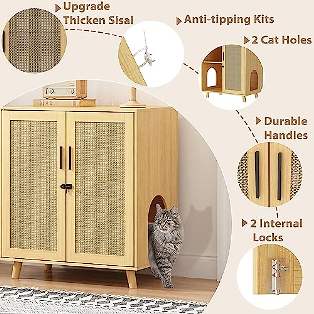 Lovinouse Large Cat Litter Box Enclosure, Hidden Cat Washroom Furniture with Sisal Covered Doors, 2 Layer Wooden Cat Cabinet with Adjustable Shelf, Side Table TV Stand for Living Room