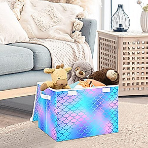 Krafig Magic Fish Mermaid Scale Foldable Storage Box Large Cube Organizer Bins Containers Baskets with Lids Handles for Closet Organization, Shelves, Clothes, Toys