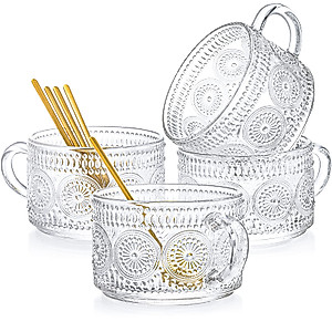 Kingrol 4 Pack 13 Ounces Glass Coffee Mugs with Spoons, Stackable Tea Cups, Vintage Drinking Glassware for Water, Milk, Iced Coffee, Beverage, Dessert