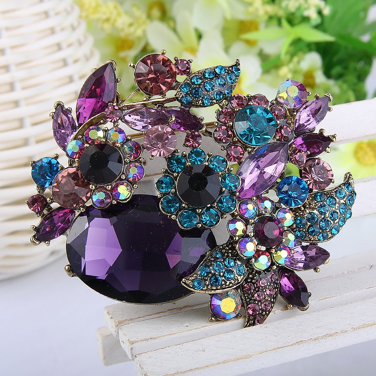 EVER FAITH Rhinestone Crystal Party Flower Leaf Vine Brooch Amethyst Color Antique-Gold-Tone