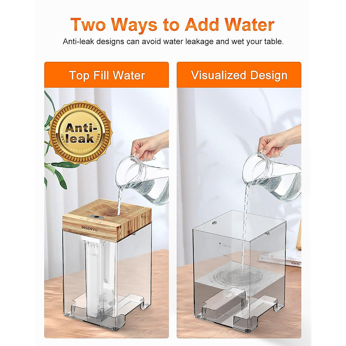 INSENVO Humidifier 7.5L for Bedroom, Anti-leak Design&Top Fill, Ultrasonic Cool Mist Air Humidifers Indoor for Baby&Plants, Disassemble&Clean Easily, Visualized Outlook, Auto Shut-off, Wood Pattern