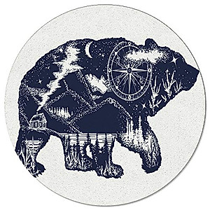 Round Area Rugs 5' in Diameter Anti-Skid Runner Rugs Soft Stain-proof Carpet Bear Double Exposure Tattoo Art Image Great Outdoors Mountains Compass Mat for Bedroom Living Room Kids Nursery Children