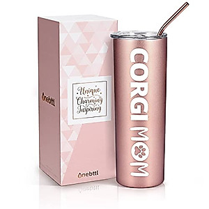 Onebttl Corgi Skinny Tumbler Gifts For Women, Female, Her and Corgi lovers - Corgi Mom - 20oz/590ml Stainless Steel Insulated Tumbler with Straw, Lid, Message Card - (Rose gold)