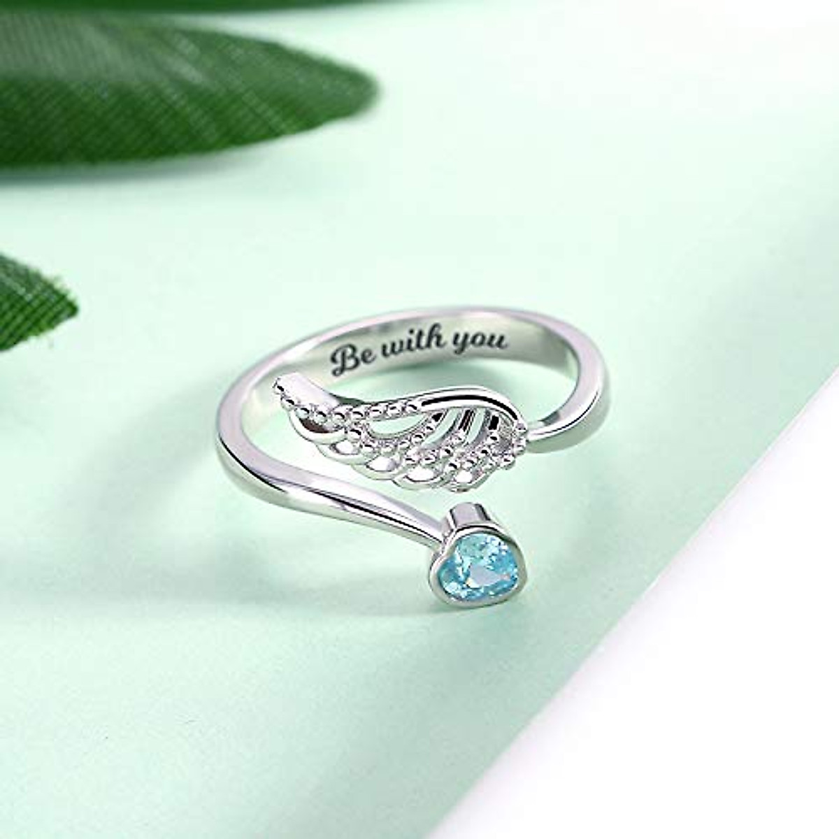 Getname Necklace Angel Wing Ring in Sterling Silver 925 with Cubic Zirconia, Custom Engraved Birthstone, Anniversary Ring for Women