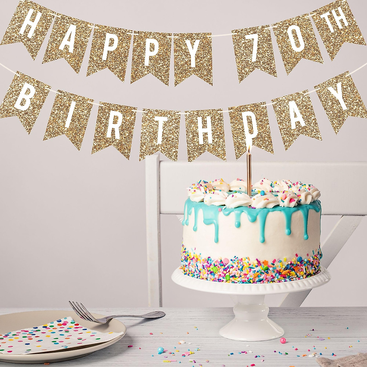 Pre-Strung Happy 70th Birthday Banner - NO DIY - Gold Glitter 70th Birthday Party Banner For Men & Women - Pre-Strung Garland on 6 ft Strands - Gold Birthday Party Decorations & Decor. Did we mention