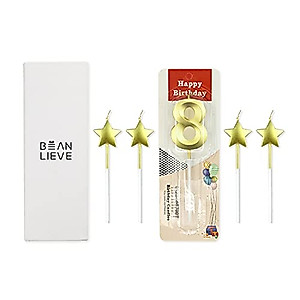 BEAN LIEVE Gold Birthday Candles - Golden Number 7 Cake Candle and Star Candles for Cake, Birthday Cake Candles Topper Decoration for Birthday、Wedding and Anniversary Party Celebration (Gold 7)