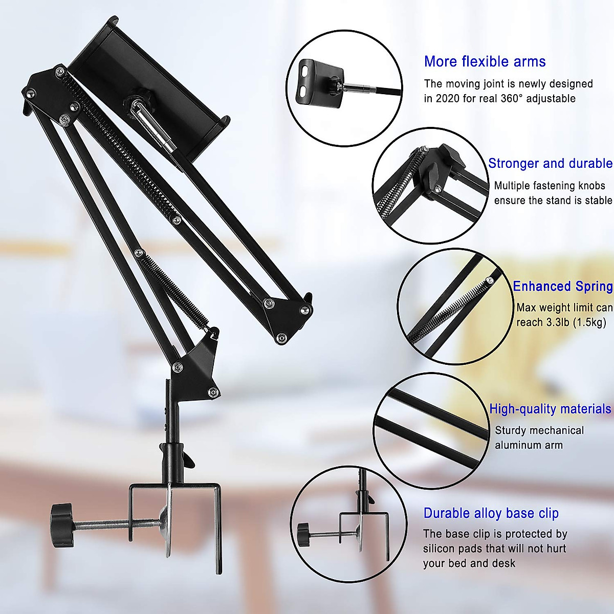 Tablet Stand Adjustable,Foldable Tablet Stand for Bed,Aluminum Universal Flexible Tablet Holder with 360 Degree Rotation Compatible with iPad/iPhoneX/iPad Pro/N-Switch,or Other 4.5~12.9 Inches Devices