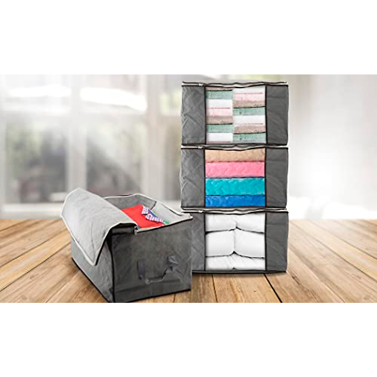 Eternal Living Blanket Storage Bags Set of 4 with Zipper & Window, Large Capacity Breathable Clothes Bag Organizer for Comforters, Blankets, Bedding - Handles and 4 Packs (Grey)