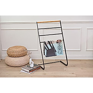 ikloo 32 Inch 4-Tier Freestanding Black Metal with Pine Wood Towel Rack for Bathroom with Hanging Bars, Laundry Room Drying Rack Organizer, Bathroom Storage Stand.