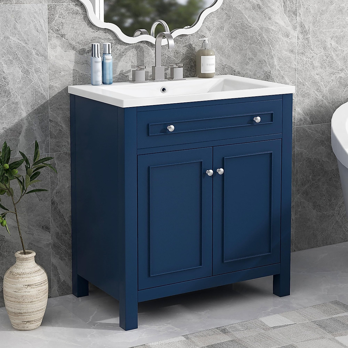 QuixotYDDZ 30" Bathroom Vanity Base Only Without Sink, Bathroom Vanity Cabinet White Bathroom Storage Cabinet with 2 Close Doors and Adjustable Shelf, Solid Wood Frame and MDF Board, Blue