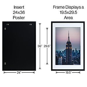 Frame Amo 24x36 Black Solid Wood Picture Frame with 19.5x29.5 White Mat Opening for 20x30 Image, 1 Inch Border, Acrylic Face