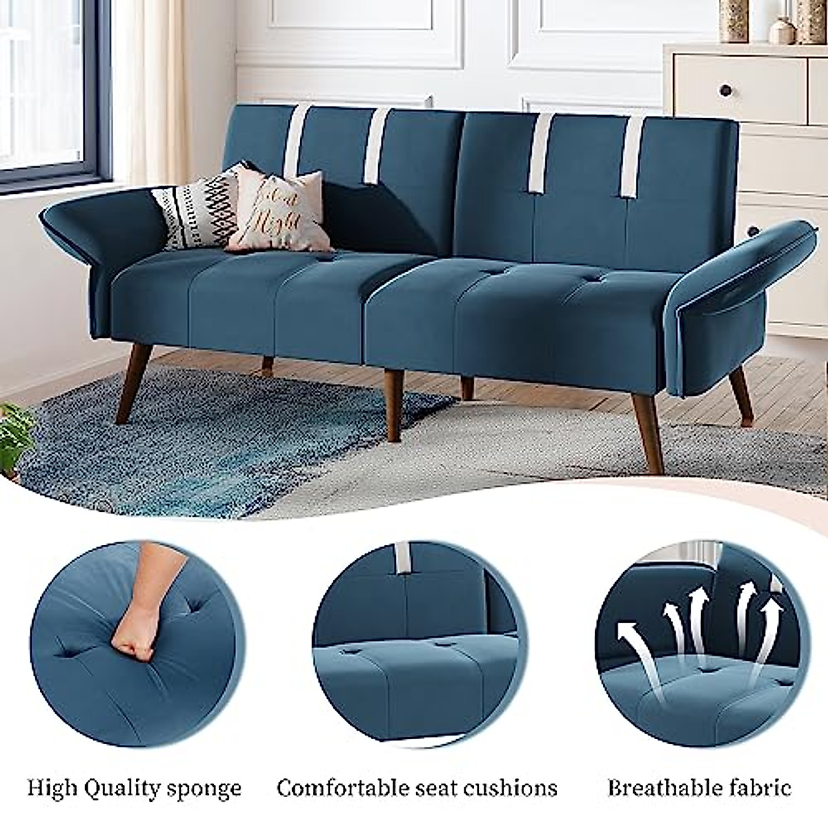 JAMFLY 69'' Velvet Futon Sofa Bed, Convertible Futon Couch Sleeper Sofa with Adjustable Armrests and Backrest, Modern Loveseat Sofa for Living Room, Bedroom…