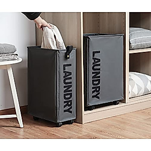 DOKEHOM 22-Inches Slim Laundry Basket on Wheels, Collapsible Rolling Laundry Hamper, Foldable Narrow Corner Clothes Storage Bins (Dark Grey)