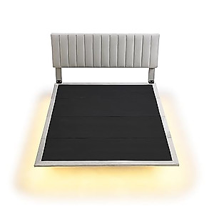 Queen Size Upholstered Platform Bed with Sensor Light and Headboard, Floating Velvet Design, Sturdy Wood Frame, No Box Spring Needed, Gray