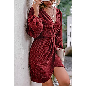 BerryGo Women's 2023 Elegant Velvet Wrap Long Balloon Sleeve Party Dresses Deep V Neck Cocktail Mini Fall Dress Wine Red,XL