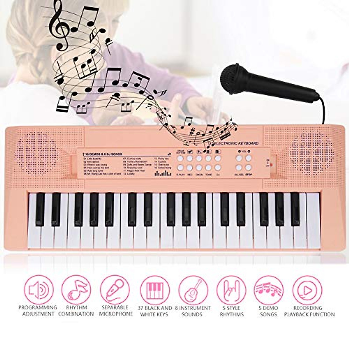 Electric Piano 37 Keys Beginner Electric Keyboard with Microphone, Dual Power Supply System USB Charging or Batteries (Battery Not Included)()