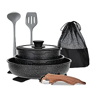 MAISON ARTS Detachable Handle Pots and Pans Set, 10 Piece Nonstick Induction Cookware Sets with Removable Handle, Black Granite Cooking Set, Ideal for Camping and RVs
