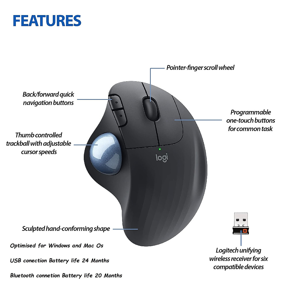 Vexko Bundle Logitech Ergo M575 Wireless Trackball Mouse (Graphite) Bluetooth, USB Mouse Travel Case Compatible with Logitech Ergo M575 (Black)