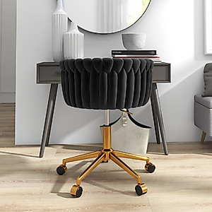 GOOLON Velvet Desk Chair, Modern Office Chair with Wheels, Home Swivel Vanity Armchair with Woven Back Comfy Height Adjustable Seat Sturdy Golden Metal Rolling Base for Makeup Bedroom, Black
