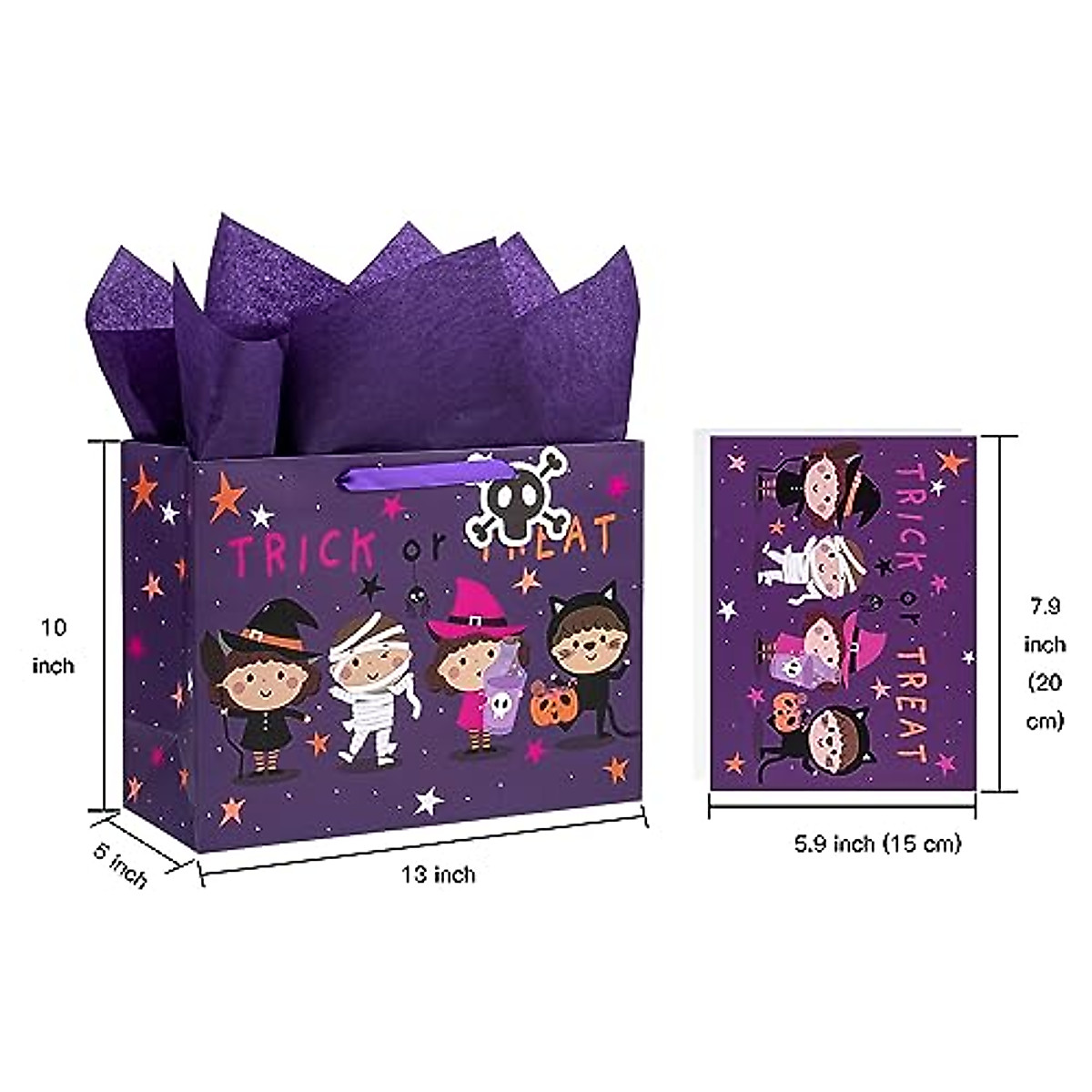 WRAPAHOLIC 13" Halloween Large Gift Bag with Card and Tissue Paper - Adorble Child and Trick or Treat Lettering Design