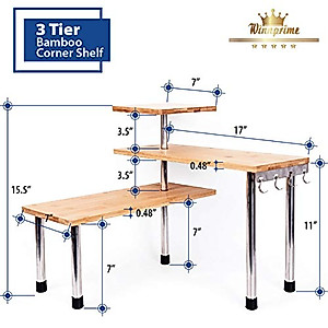 WINNPRIME Kitchen Countertop Corner Shelf - 3 Tier Counter Shelf Stand Bamboo & Metal Storage Organization with Hooks, Spice Rack Display Shelves, Adjustable for Kitchen, Bathroom & Office