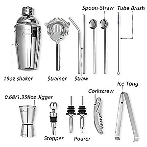 Cocktail Shaker Set Bartender Kit, Godmorn 15Pcs Bartender Shaker Set, 304 Stainless Steel Martini Shaker and Strainer, 550ml /19OZ Bar Tool Set With Bamboo Stand, Recipe Book, For Home And Bar
