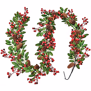 DearHouse 6FT Red Berry Christmas Garland with Pine Cone Garland Artificail Garland Indoor Outdoor Garden Gate Home Decoration for Holiday Winter New Year Decor