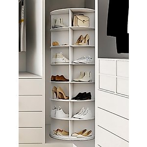 Toemics 7 Tier Rotating Shoe Rack Tower 28 Shelves, 360° Spinning Display Lazy Susan Organizer, Carousel for Shoes & Handbags, Easy Assembly, Includes 4 PCS Double-Layer Shoe Racks, White