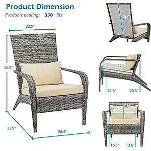 AECOJOY 2 Pieces Patio Adirondack Wicker Chair,PE Rattan Wicker Patio Dining Chair Set of 2, Grey Wicker Beige Cushion and Pillow for Garden, Backyard, Porch