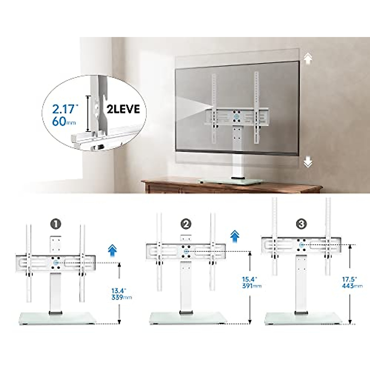 FITUEYES Universal TV Stand Table Top TV Stand for 27-55 inch LCD LED TVS Height Adjustable TV Base with Tempered Glass Base Wire Management VESA 400x400mm Holds 88 Pounds, White