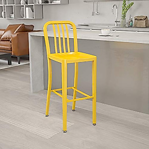 BizChair Commercial Grade 30" H Yellow Metal Indoor-Outdoor Barstool with Slat Back