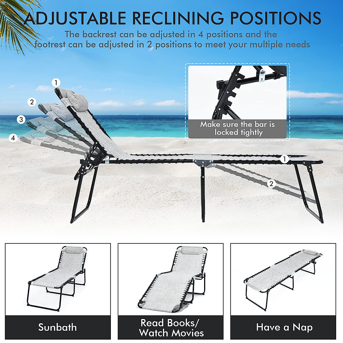 Tangkula Foldable Beach Lounge Chair for Outside, Sunbathing Chair with Removable Headrest, 4-Position Adjustable Backrest, Portable Tanning Chaise Lounger for Yard, Patio, Beach, Camping (1, Grey)