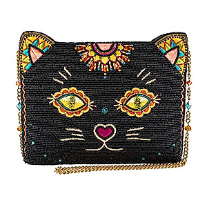 Mary Frances Purrsuasian Beaded Sugar Skull Cat Crossbody Clutch Handbag, Black