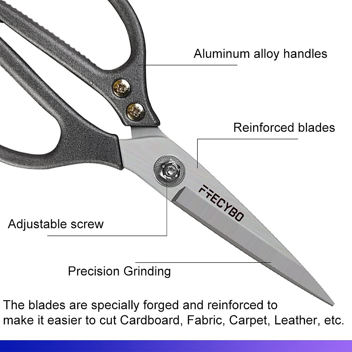 FTECYBO Heavy Duty Scissors 9'', All Purpose, Leather Scissors, Reinforced Stainless Steel Blades with Metal Handles for Home, Office, Easy Cutting Cardboard, Fabric, Carpet, Leather