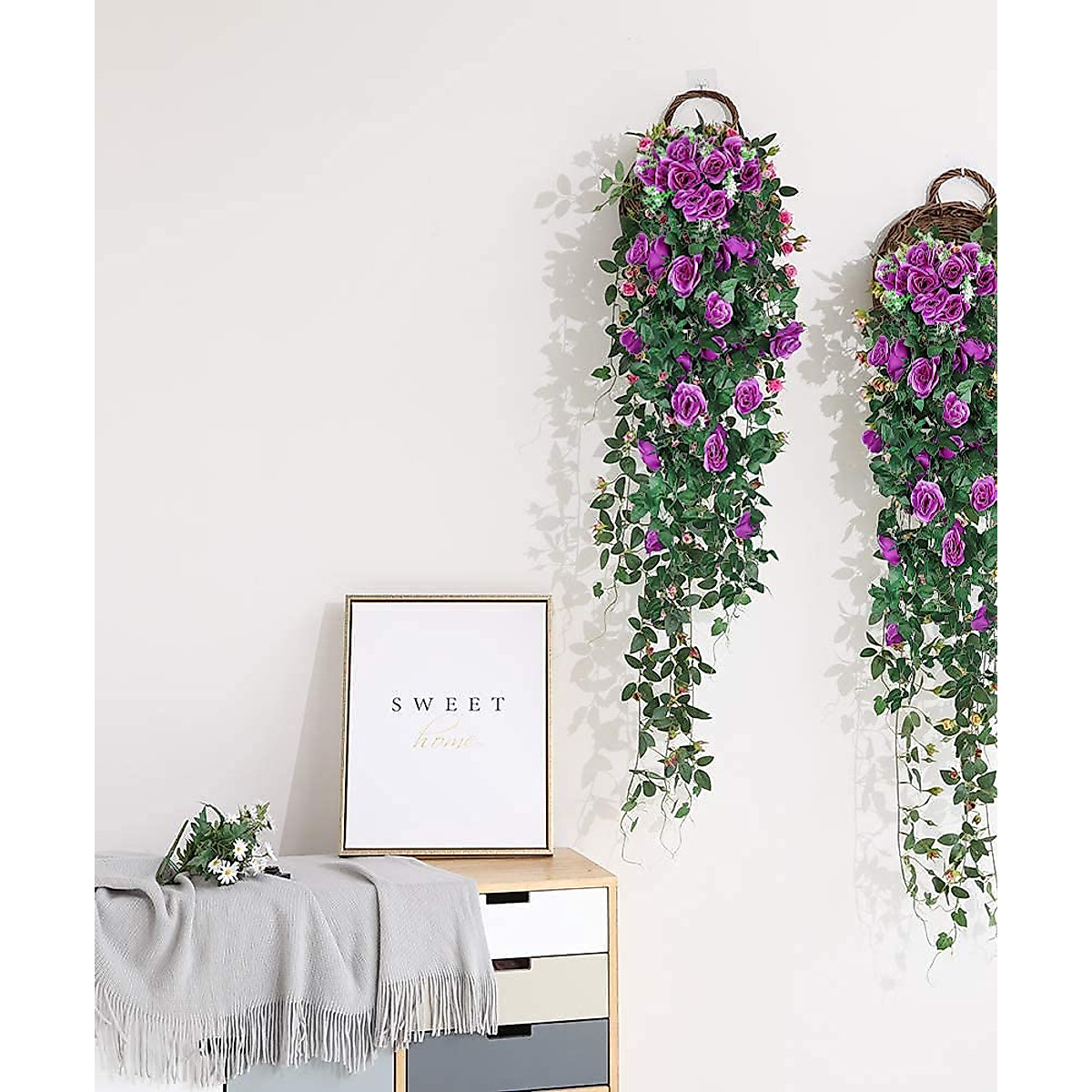 Haoyuetch 2PCS Artificial Rose Vine Flowers with Green Leaves,3Ft Hanging Rose Ivy Plants for Home Wedding Party Garden Wall Decoration (Purple)