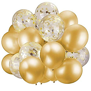 60 Pack Gold Balloons + Gold Confetti Balloons w/Ribbon | Balloons Gold | Gold Balloon | Gold Latex Balloons | Golden Balloons | Party Balloons 12 inch | Clear Balloons with Gold Confetti |
