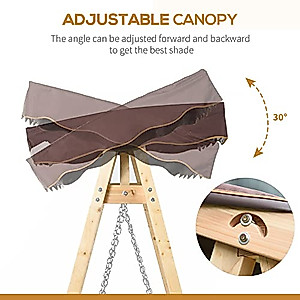 Outsunny Wooden Porch Swing Bench, 2-Seater Outdoor Swing Glider with Adjustable Canopy, Adjustable Hanging Chains, A-Frame, for Garden, Poolside, Backyard, Brown