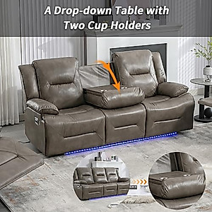 ERYE Home Theater and Living Room Recliner Sofa Couch for 3, Manual Reclining Sofa&Couch with LED Light Strip, 2 Cup Holders and DropDown Table for Home,Apartment,House