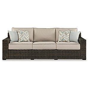 Signature Design by Ashley Coastline Bay Casual Weather Resistant Outdoor Sofa with Cushion and 4 Throw Pillows, Beige & Dark Brown