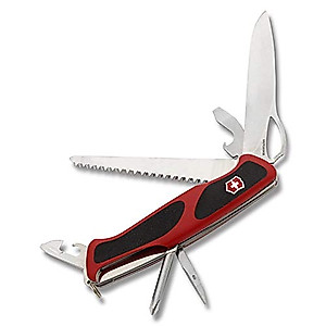 Victorinox Ranger 79 M Grip Swiss Army Knife, 12 Functions, Swiss Made Pocket Knife with Wood Saw, Large Lock Blade and Toothpick - Red/Black