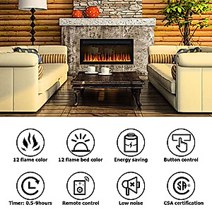 Upesitom 50" Electric Fireplace Recessed & Wall Mounted Fireplace Heater, Wall Fireplace Inserts, Mirrored Led Linear Fireplace with Remote Control, Timer, Adjustable Flame Color, 750/1500W, Black