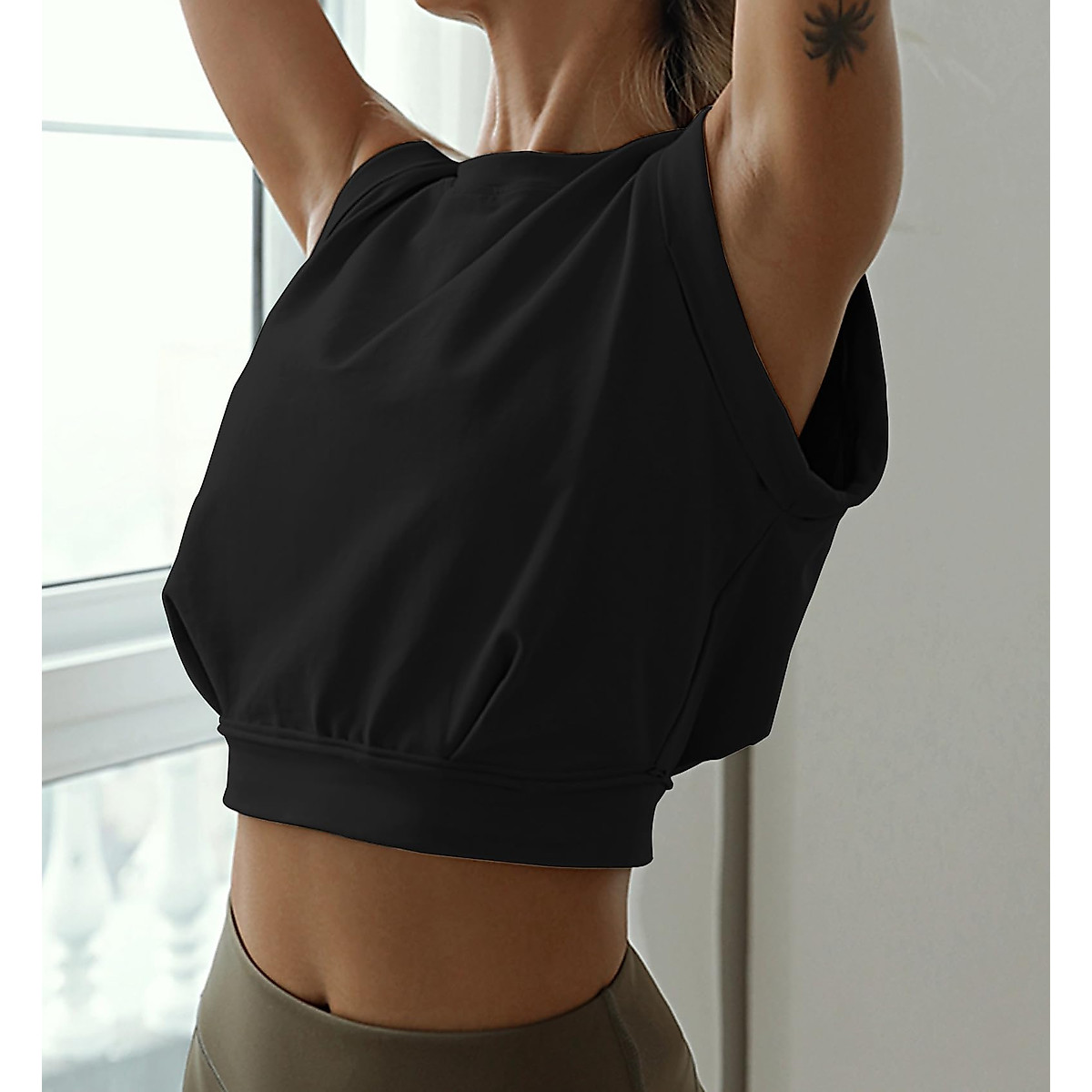 ARRIVE GUIDE Women's Cute Workout Crop Top - Loose Fit Yoga Athletic Tank, Cinched Waist, Cap Sleeve, Cotton, Black M