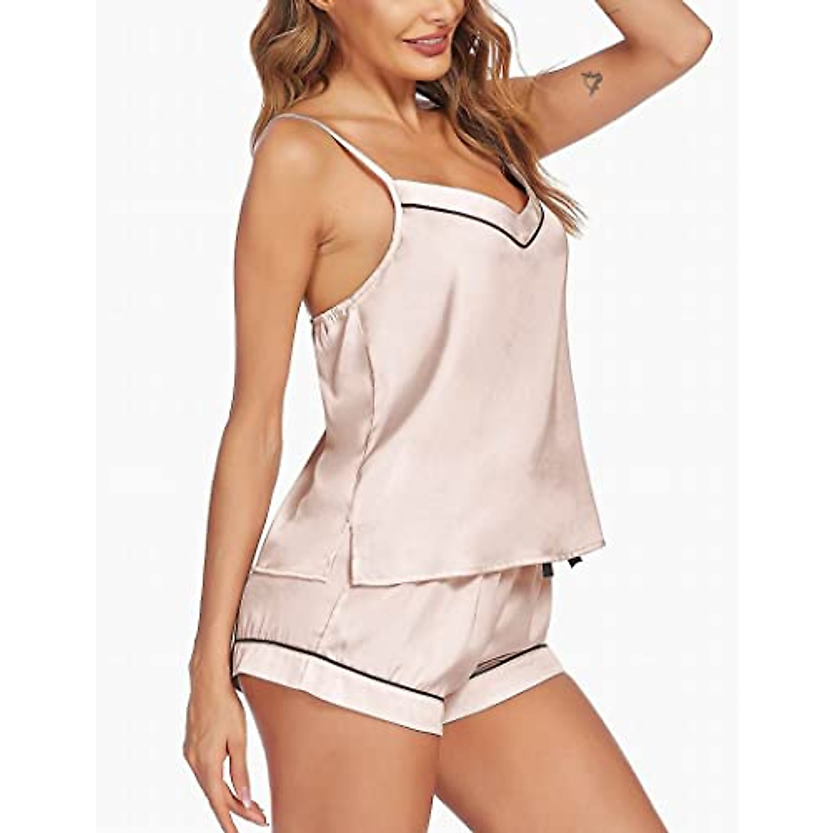 Ekouaer Sleepwear Set Women's Satin Cami Sleep Shirts with Short Lounge Shorts Silk Soft Pjs Set Valentines Gifts (Champagne,M)