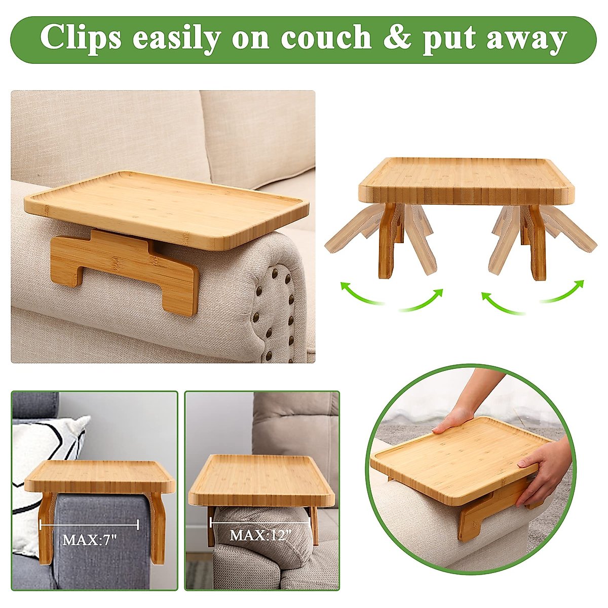 Couch Arm Table Tray, Bamboo Sofa Arm Clip on Tray Tables, Arm Rest Table for Home, Couch Arm Tray for Small Spaces Drink Eating Dinner Table