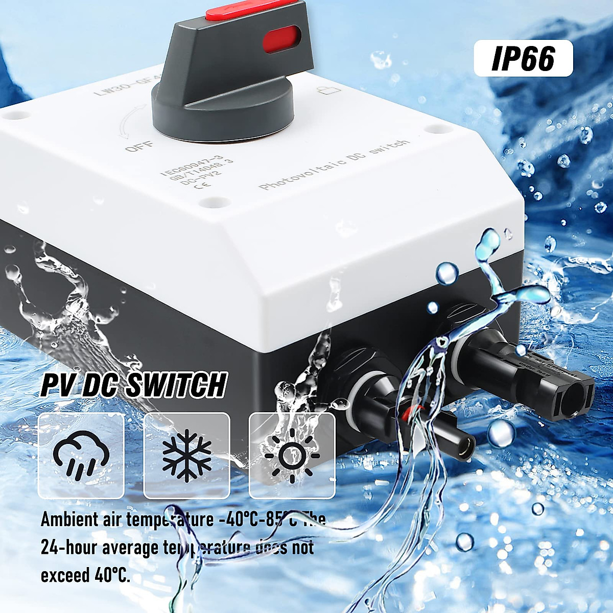 32A DC 1200V PV Solar Disconnect Switch, IP66 Waterproof & Anti-UV Solar Circuit Isolator Box for Solar Panels (International Standard: IEC60947-3)