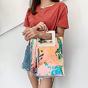 inheming Holographic Clear Tote Bag, Women Fashion Iridescent Hand Bag, Waterproof PVC Handbags for Work, Shopping, Beach, Stadium