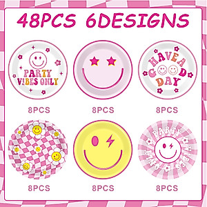 48PCS Preppy Party Supplies 7inch Pink Smile Face Paper Plates Preppy Smile Face Party Tableware Set Pink Preppy Plates for Baby Shower Birthday Y2k Party Decorations