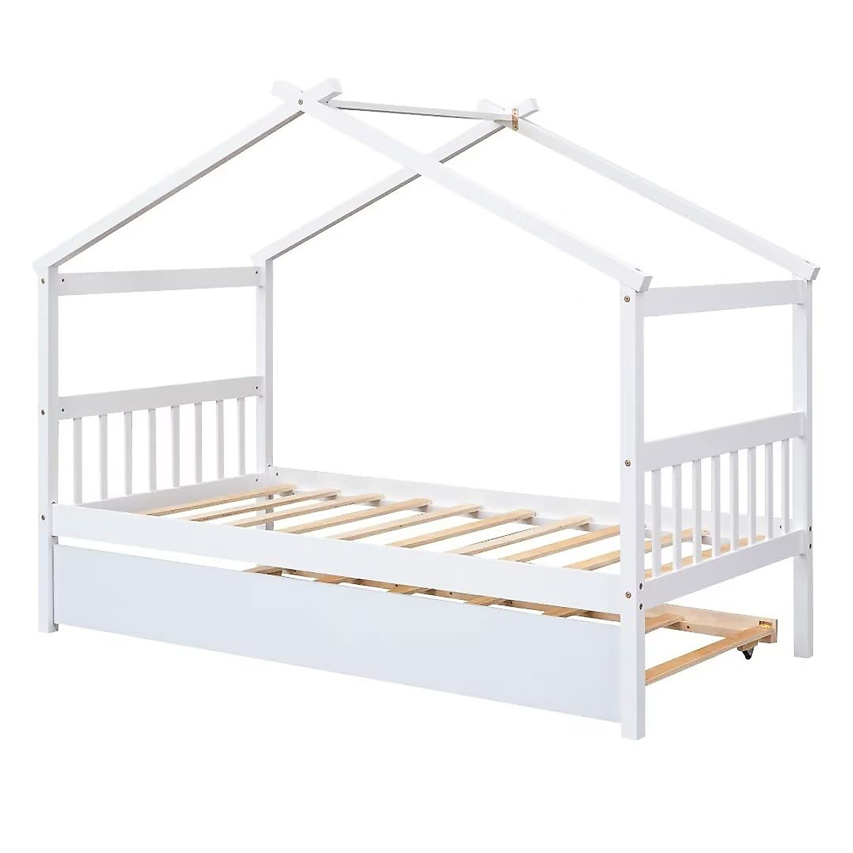 voqoomkl Twin Size Floor Bed with Twin Size Trundle, Wooden House Bed with Headboard and Footboard, Daybed with Roof Design and Wood Slats Supprt for Boys Girl Bedroom, No Box Springs Required, White